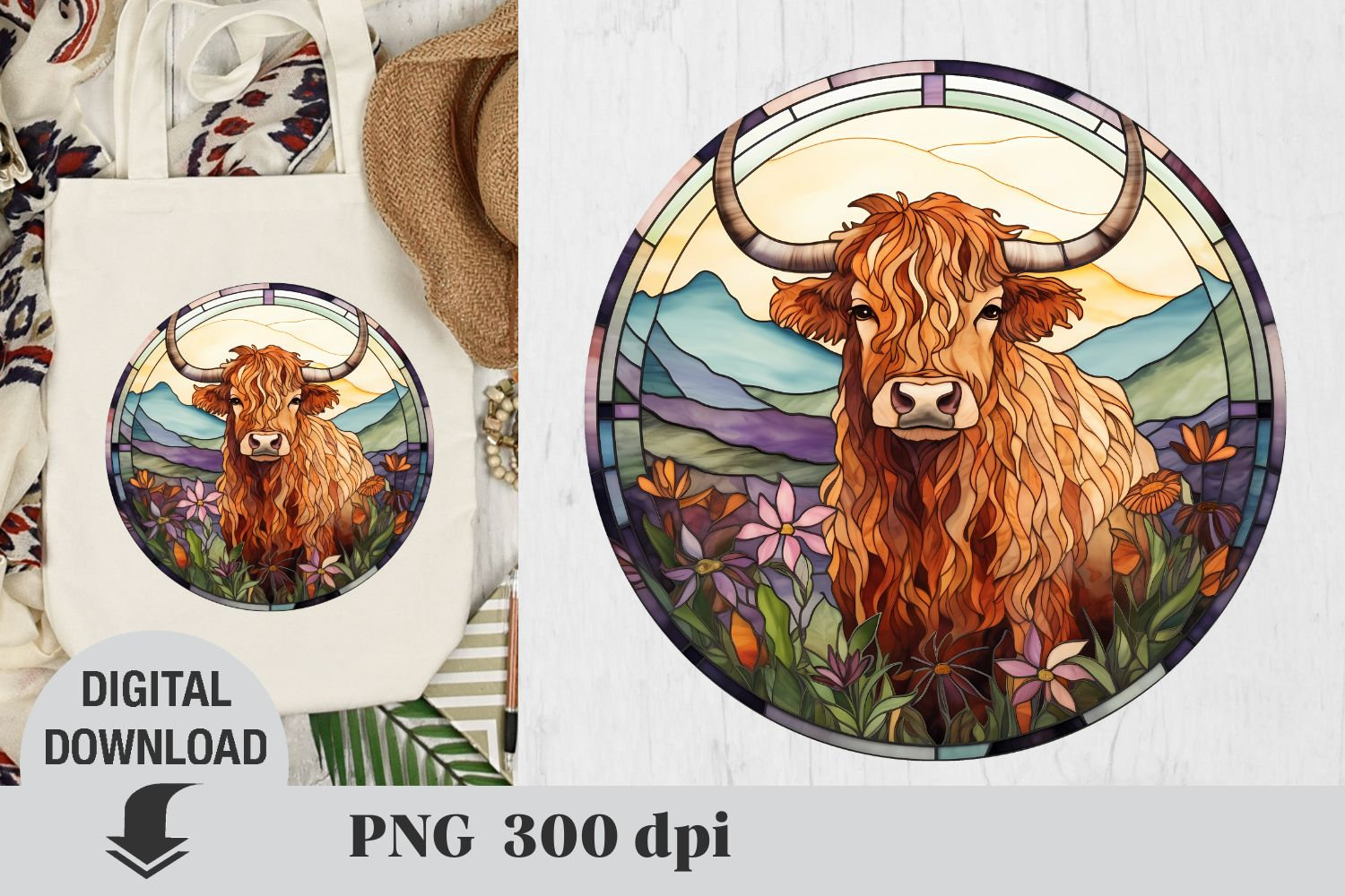 Highland Cows Clipart, Stained Glass Sublimation Bundle, Highland Cow ...