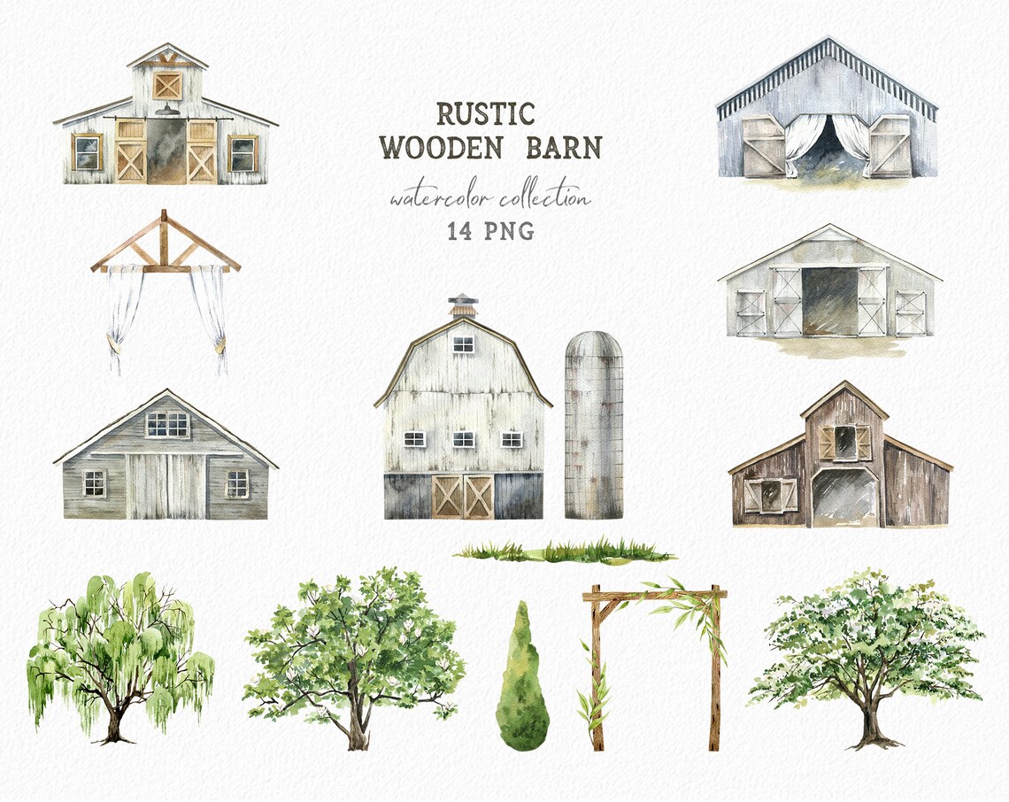Barn Watercolor Clipart Rustic Wedding Clip Art Elegance - Etsy