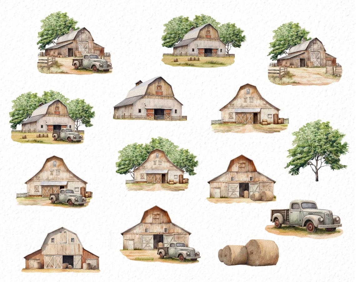 Barn Watercolor Clipart, Rustic Wedding Clip Art, Elegance Farm Clipart ...