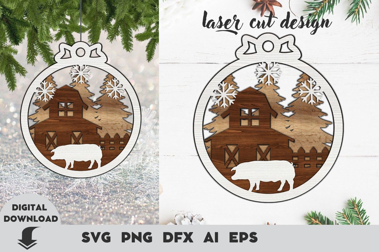 Christmas Ornament Svg Laser Cut, Farm Barn Christmas Ornament ...