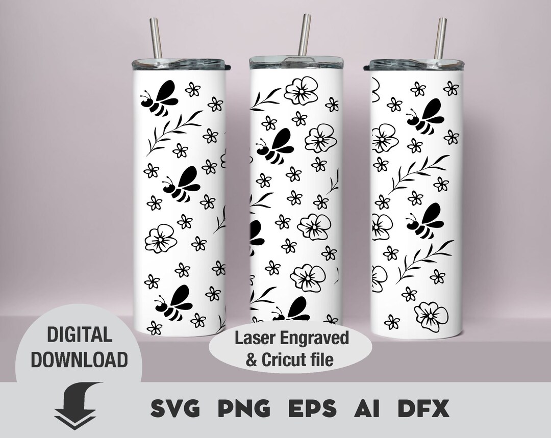 Tumbler Svg Designs, Flowers Laser Engraved Full Wrap, Flowers and Bee ...