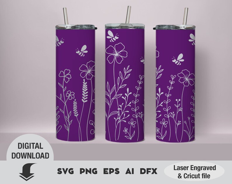 Tumbler Svg Design Wildflowers Laser Engraved Full Wrap Tumbler Svg Flowers Skinny Tumbler