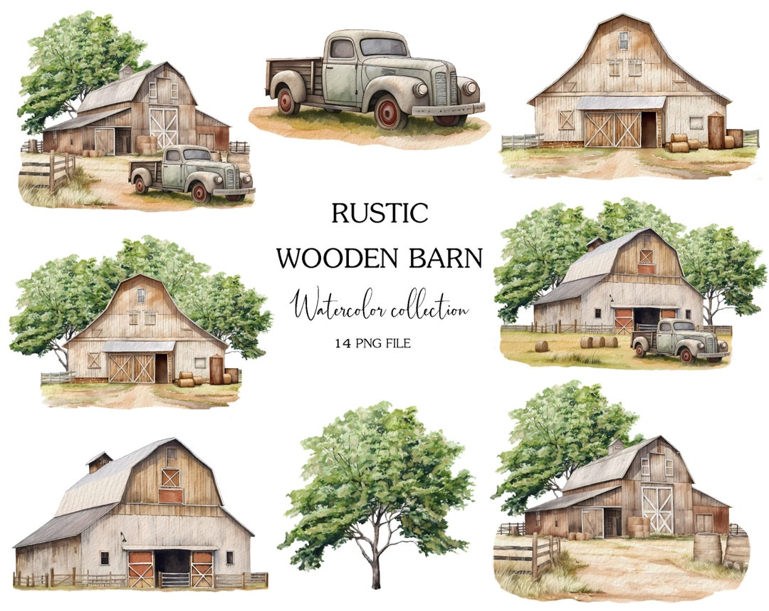 Barn Watercolor Clipart, Rustic Wedding Clip Art, Elegance Farm Clipart ...
