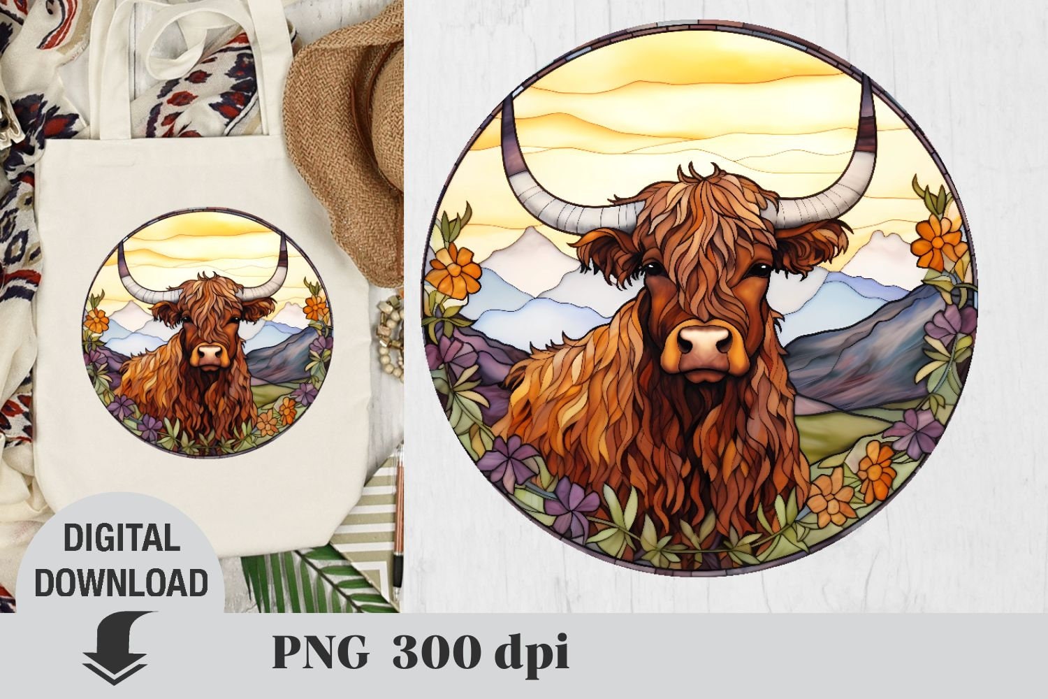 Highland Cows Clipart, Stained Glass Sublimation Bundle, Highland Cow ...