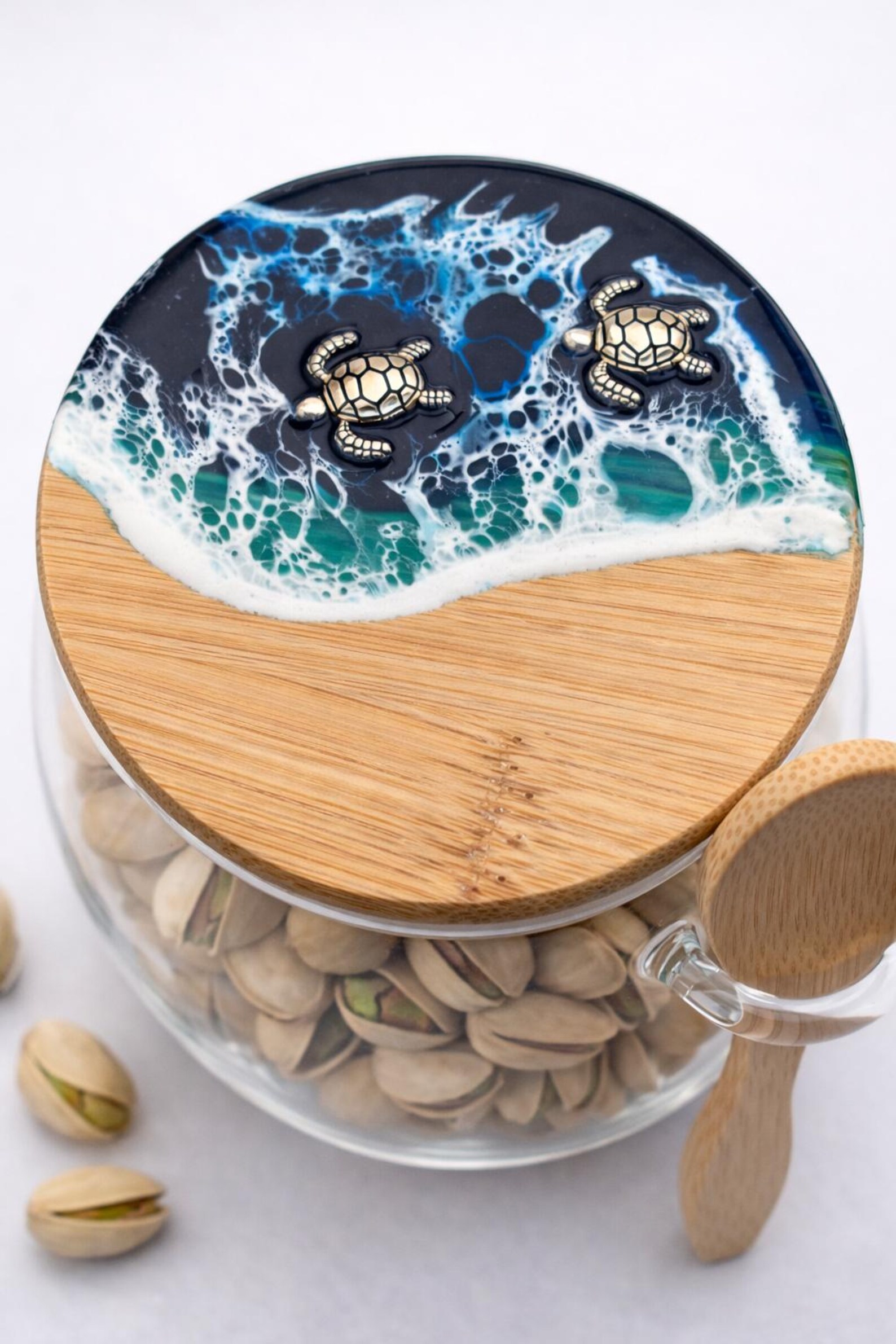 Coastal Glass Jar W/ Built-in Spoon Rest, Hand Crafted Resin Ocean ...