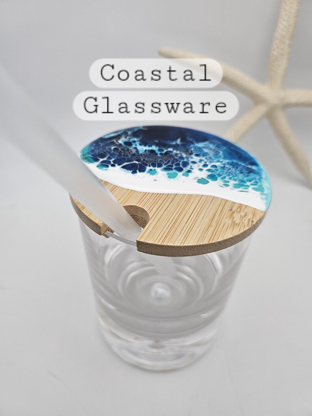 Coastal Rocks Glassware W/ Ocean Art Wood Cover & Reusable Straw Acess ...
