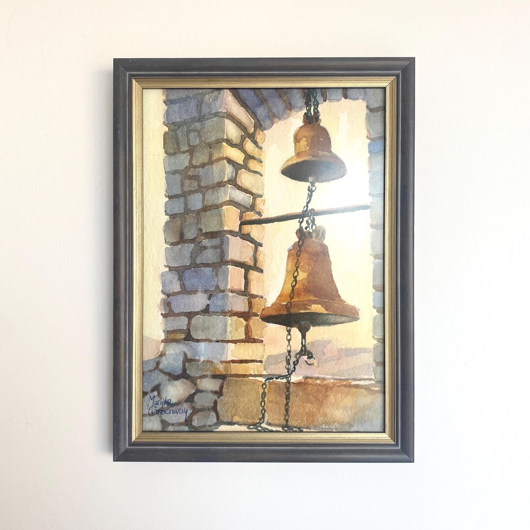 Vintage Bell-tower Watercolor Painting: Signed Marijke Greenway, Grey ...