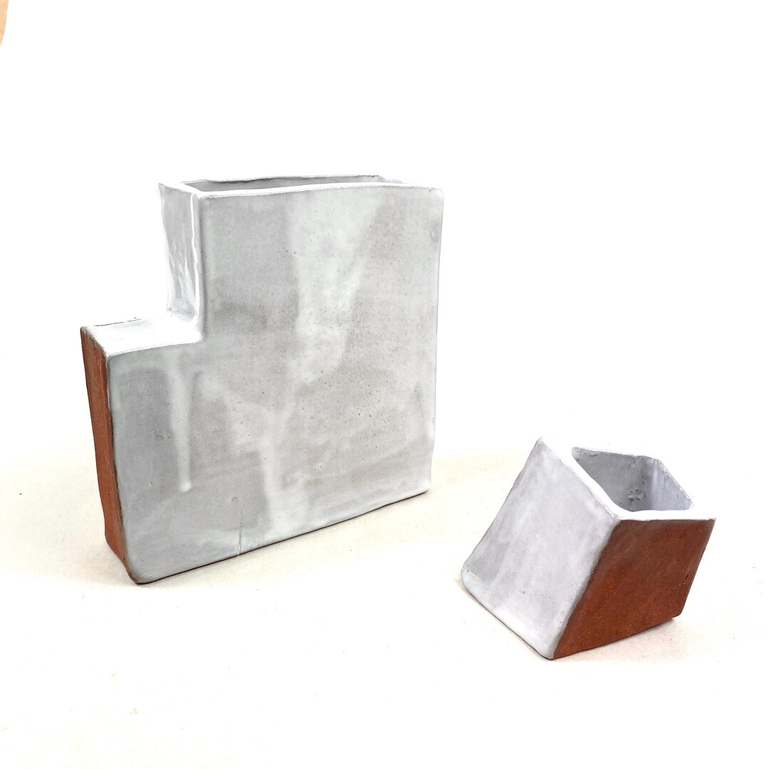 Pair Cubist Modern Abstract Studio Pottery Vases White Glaze Raw ...