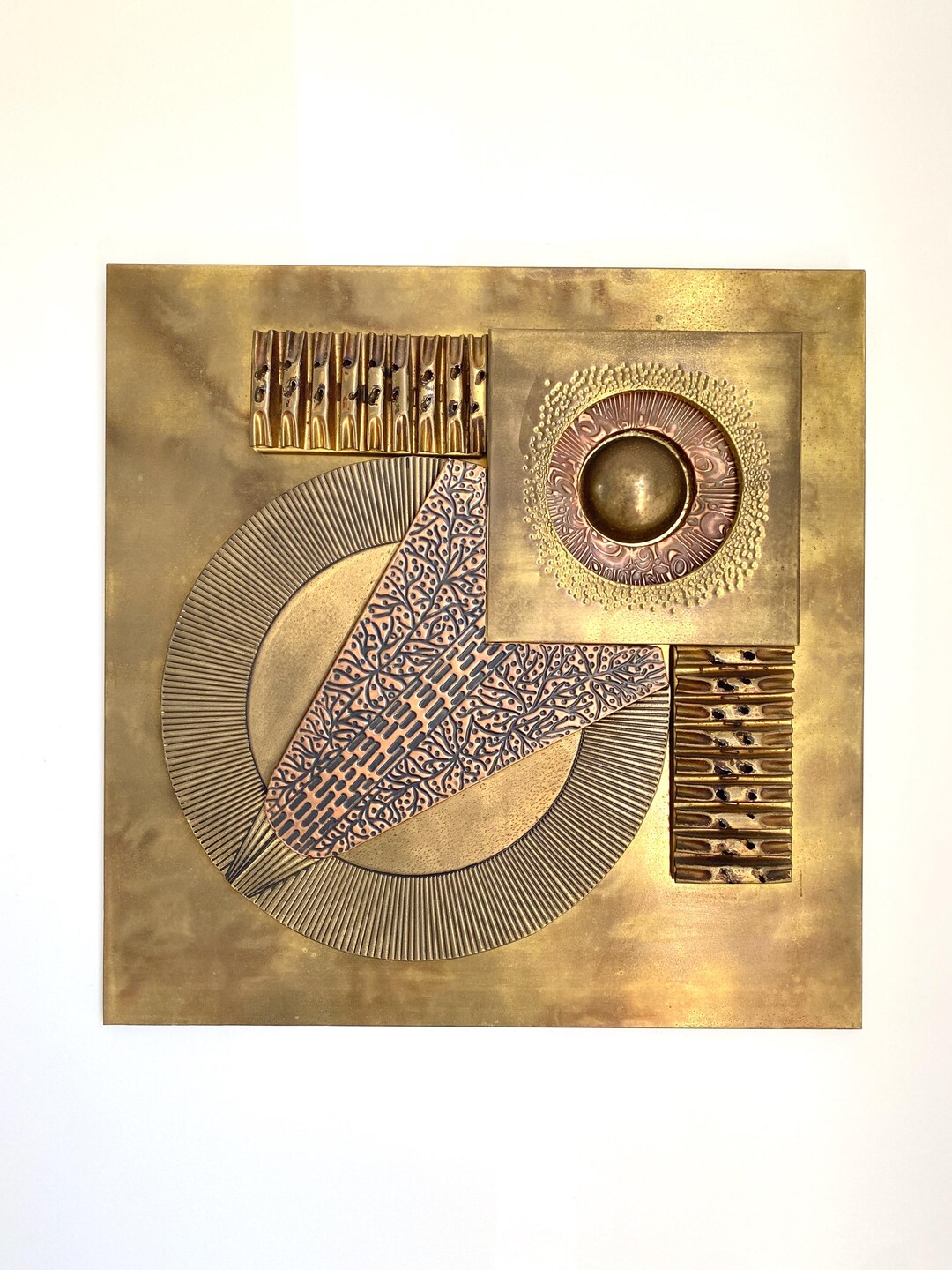 Vintage Mixed Metal Brutalist Relief Sculptural Artwork Wall Hanging ...