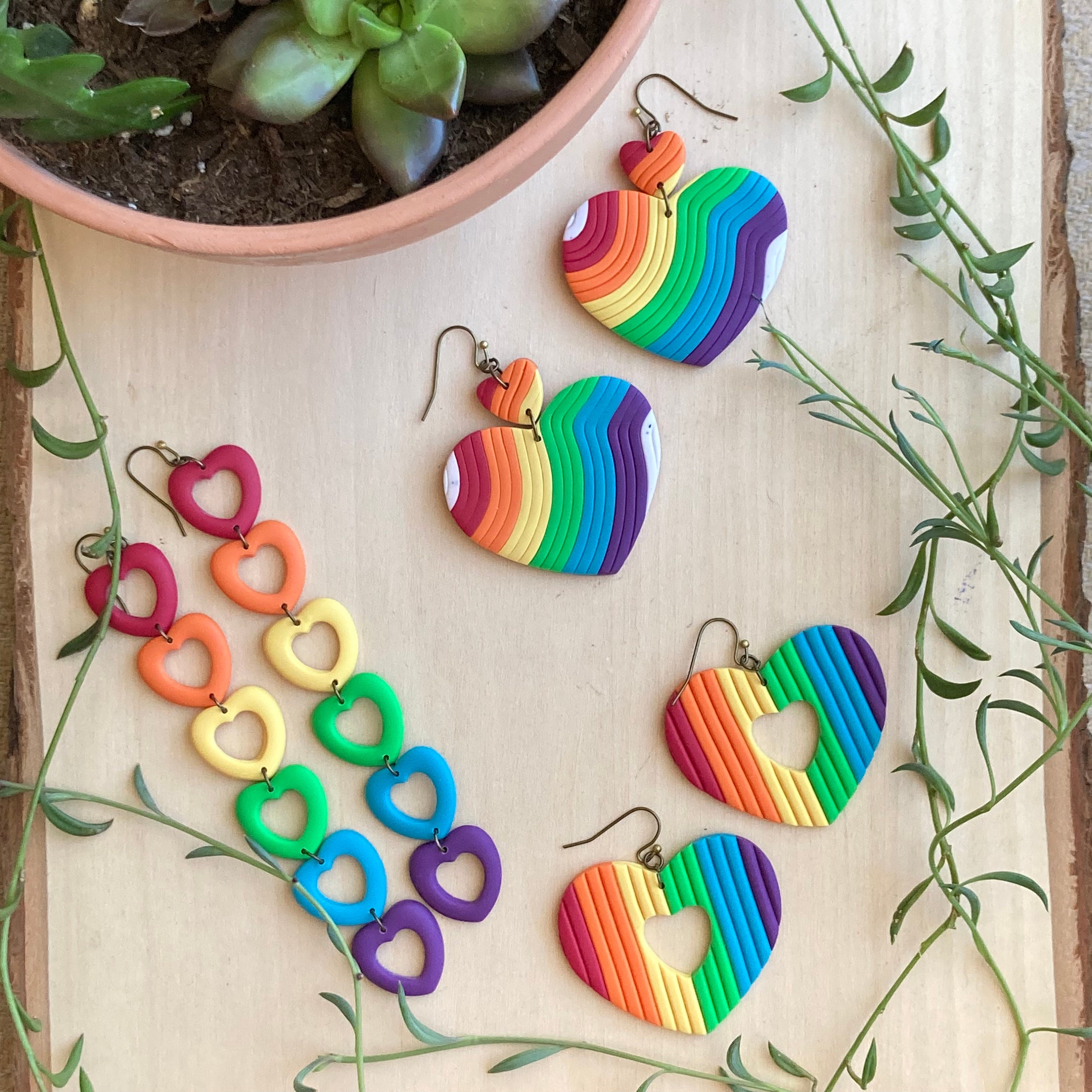 Colorful Unity: Long Rainbow Hearts Polymer Clay Earrings for Pride - Etsy