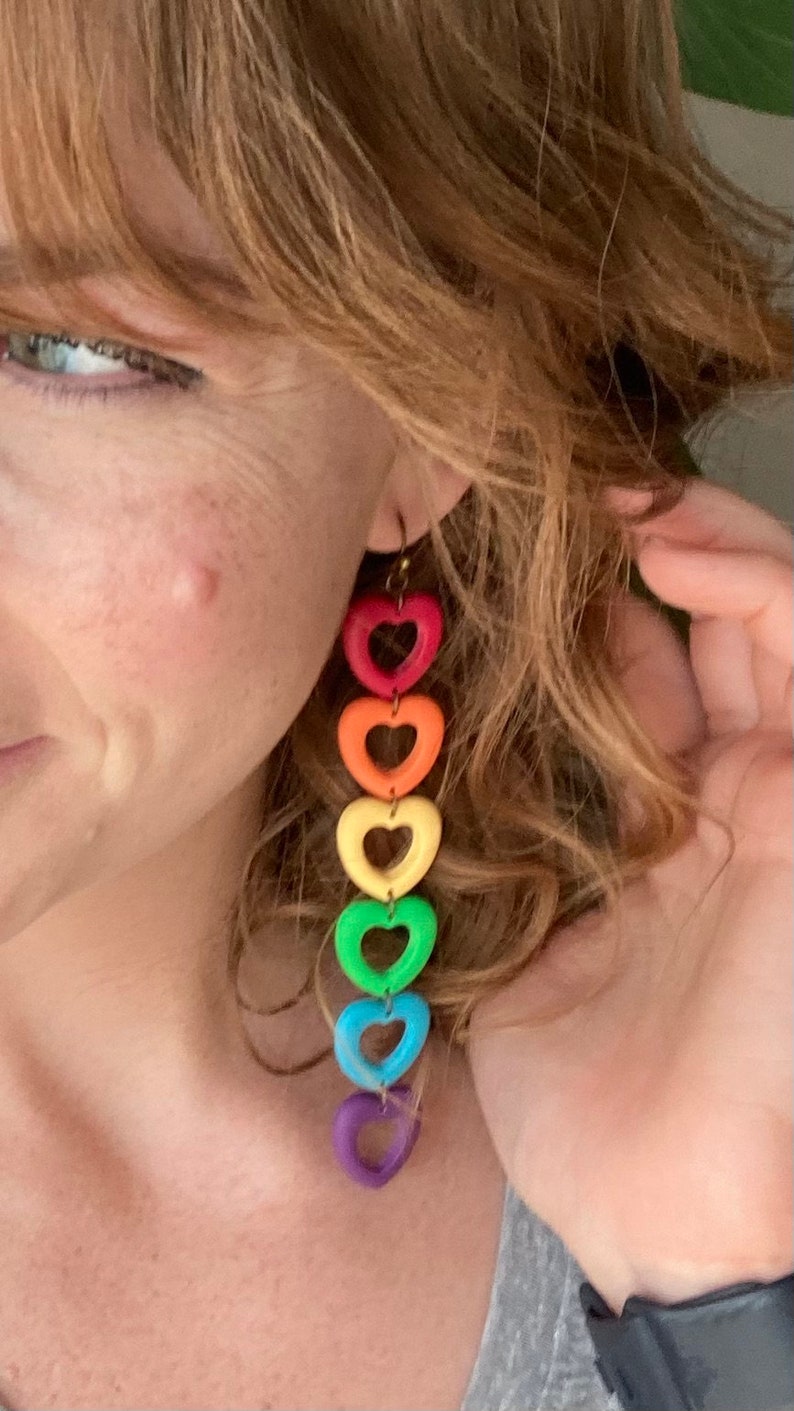 Colorful Unity: Long Rainbow Hearts Polymer Clay Earrings for Pride - Etsy