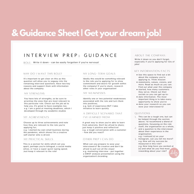 Job Interview Prep A4 Digital/printable With Guidance Notes | Interview ...