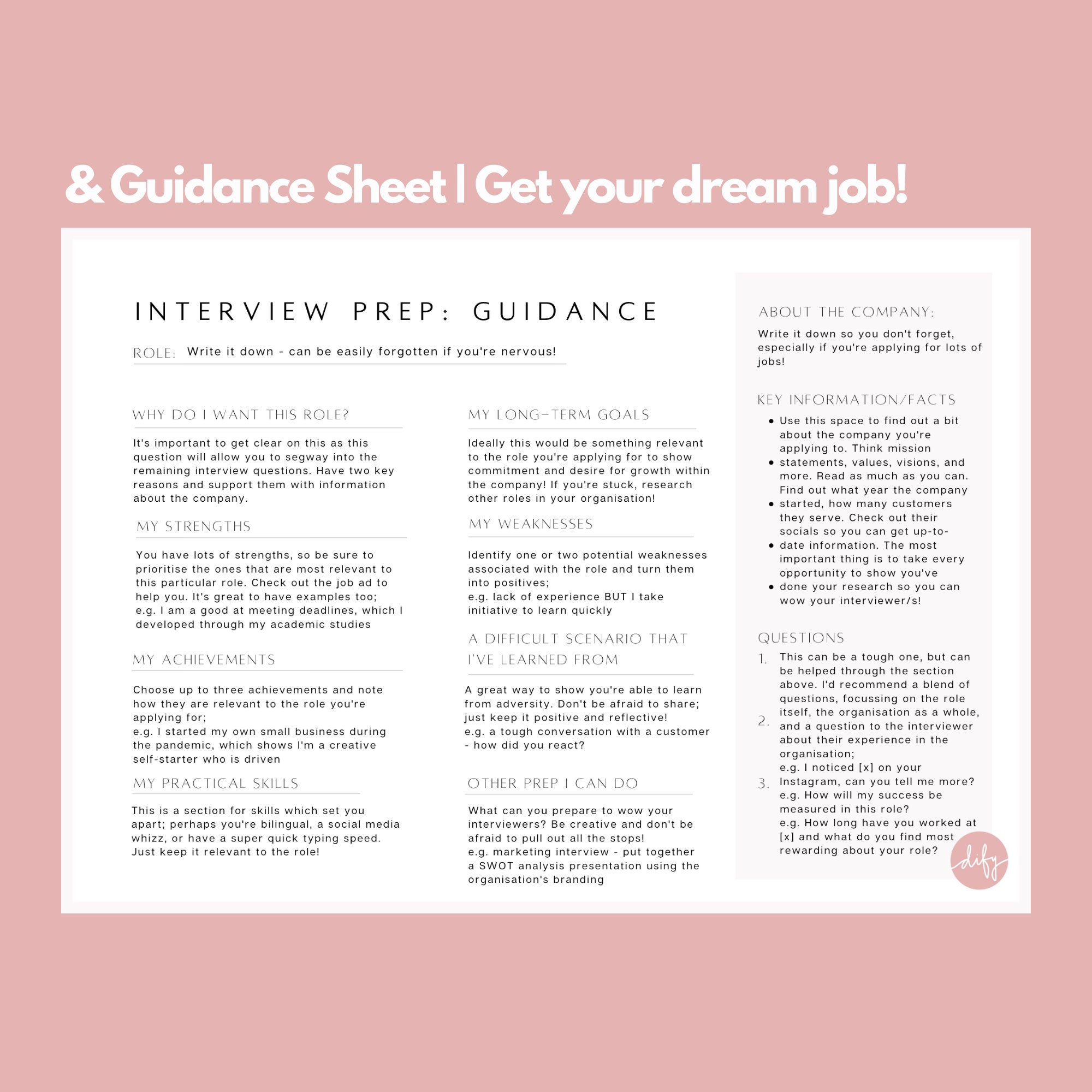 Job Interview Prep A4 Digital/printable With Guidance Notes | Interview ...