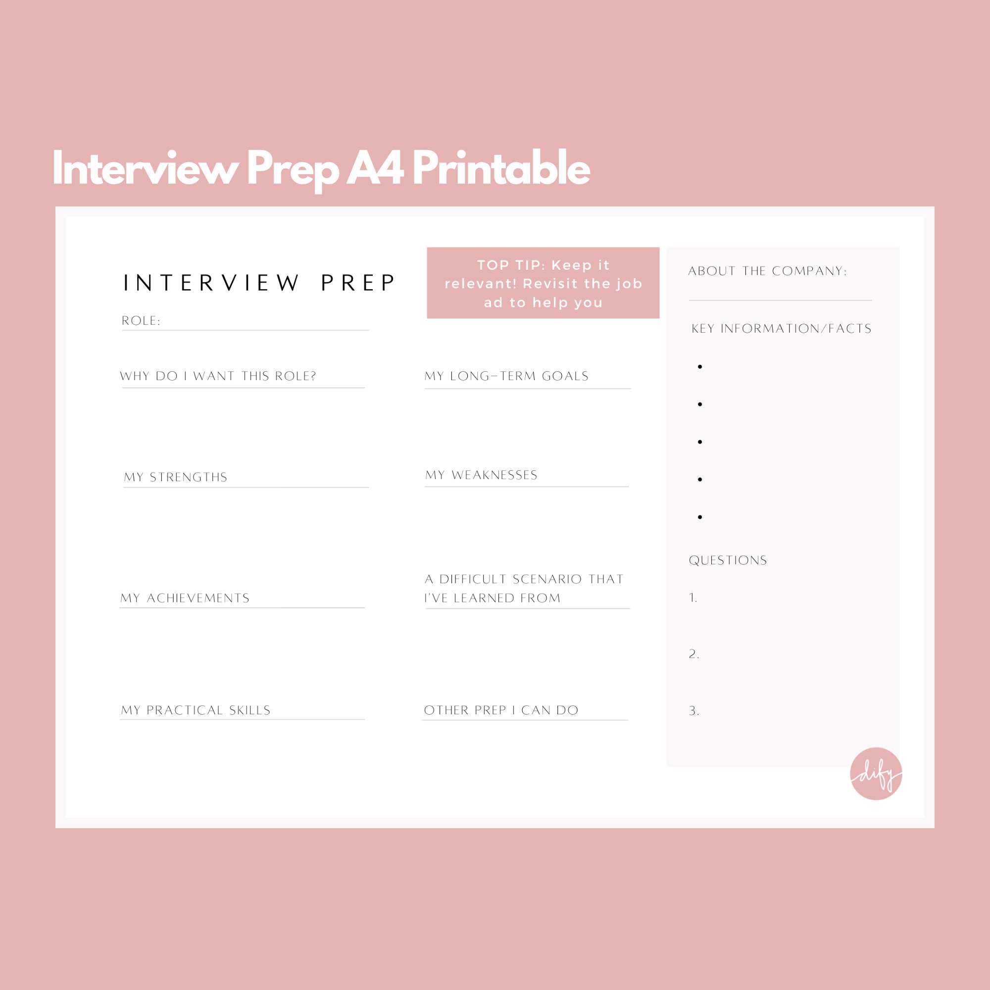 Job Interview Prep A4 Digital/printable With Guidance Notes | Interview ...