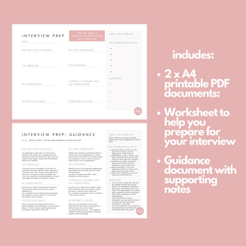 Job Interview Prep A4 Digital/printable With Guidance Notes | Interview ...