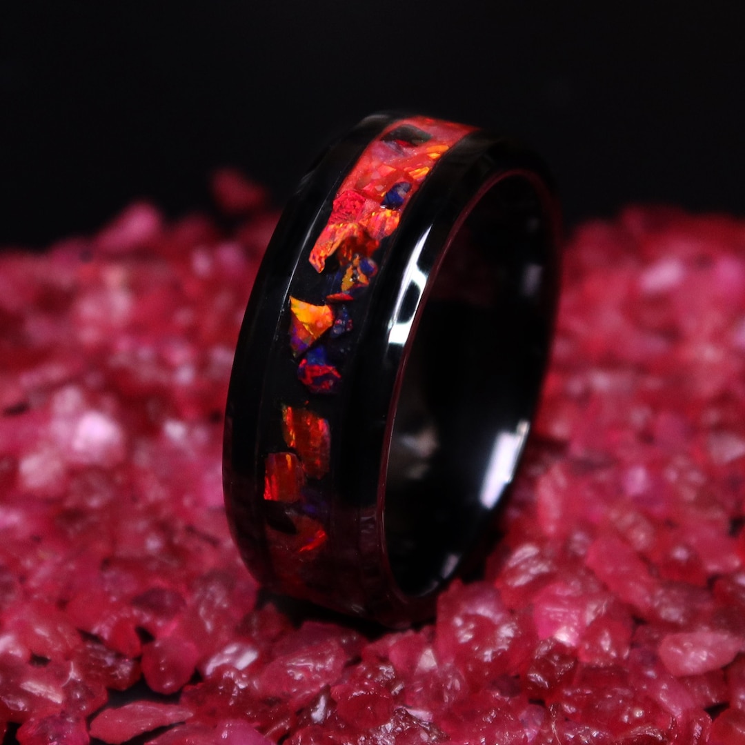 Handmade Lava Rock Ring, Ruby Red Opal Tungsten Inlay, Glow in the Dark Wedding Band - Etsy
