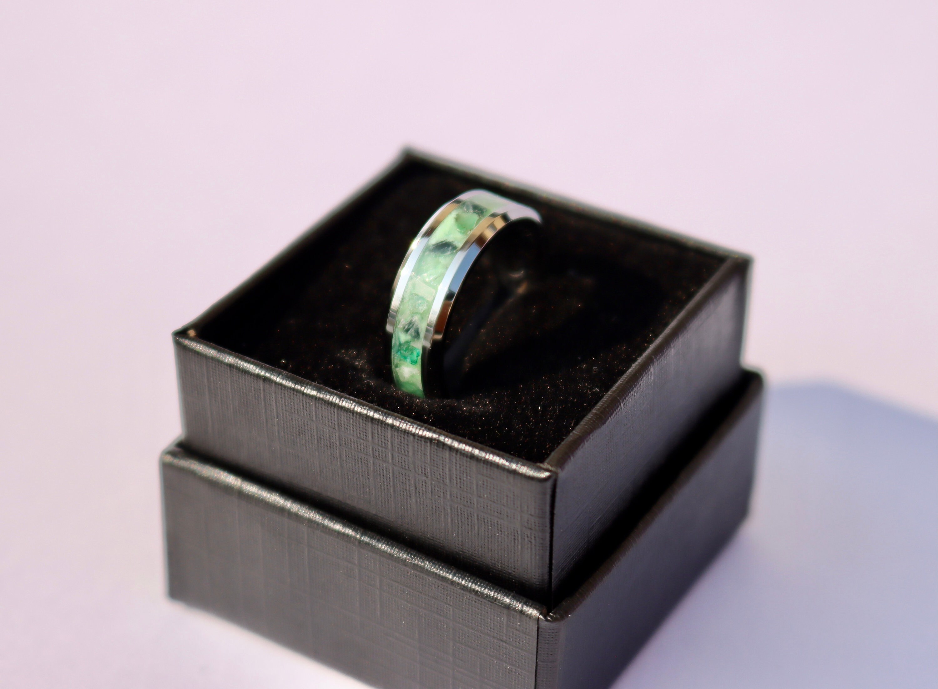Jade Emerald Inlay Ring, Moonstone Inlay Tungsten Band, Glow in the ...