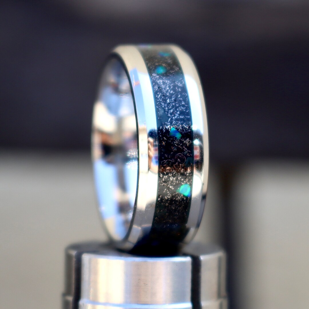 The Starlight Ring, Meteorite Tungsten Diamond Blue Opal Engagement ...