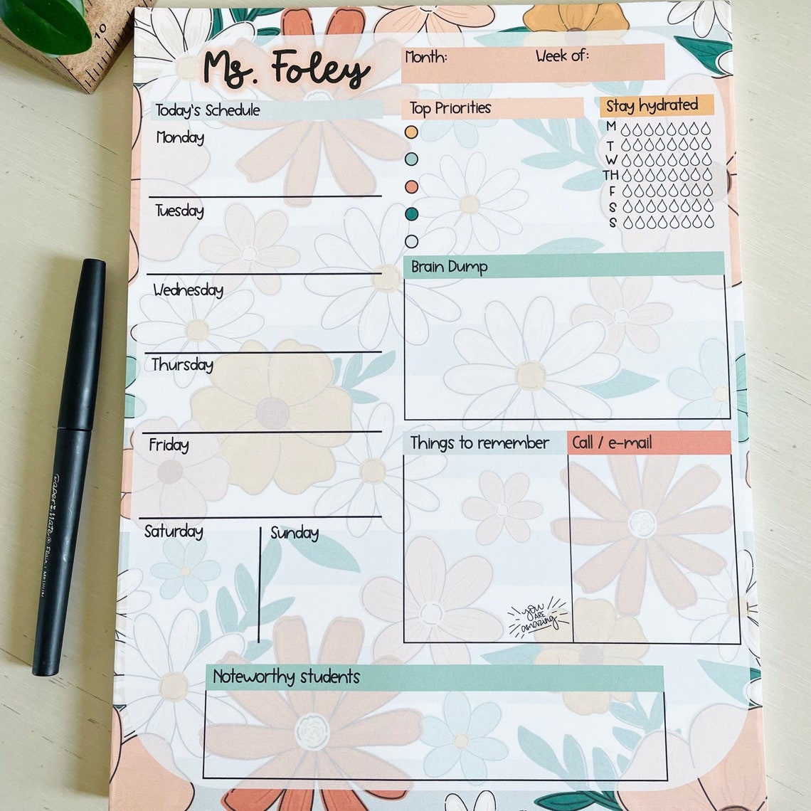 Boho Flower Teacher Planner: Personalized Teacher Week at a Glance ...