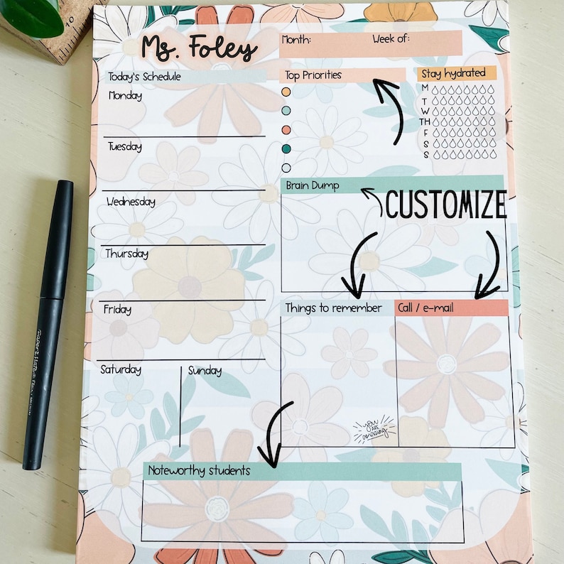 Boho Flower Teacher Planner: Personalized Teacher Week at a Glance ...