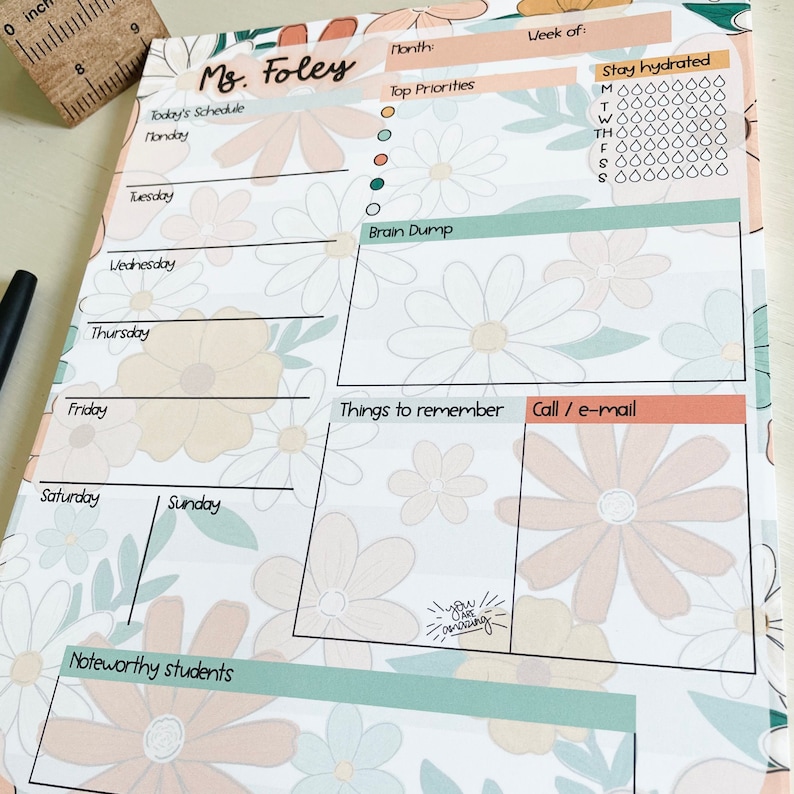 Boho Flower Teacher Planner: Personalized Teacher Week at a Glance ...