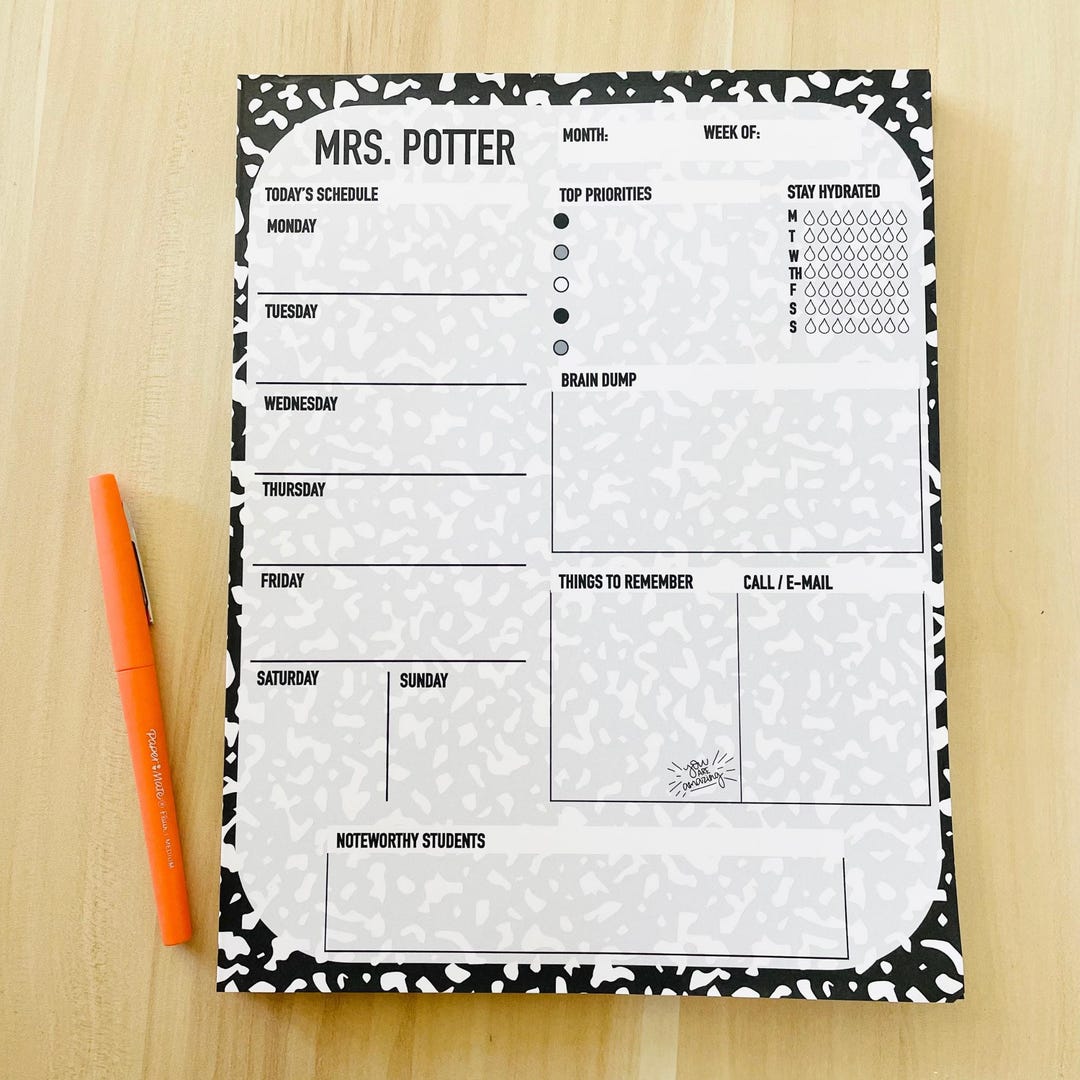 Personalized Teacher Weekly Notepad: Week at a Glance Planner, Back to ...