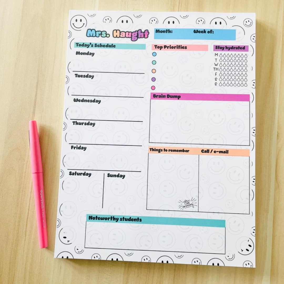 Smiley Week at a Glance Teacher Planner, Back to School Gift, Teacher ...