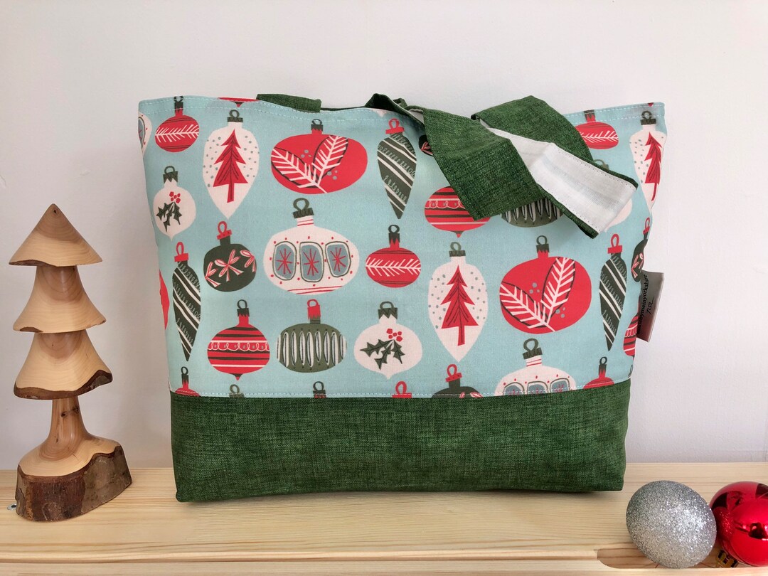 Baubles Christmas Tote Bag, Fold up Christmas Bag, Retro Baubles Fabric ...