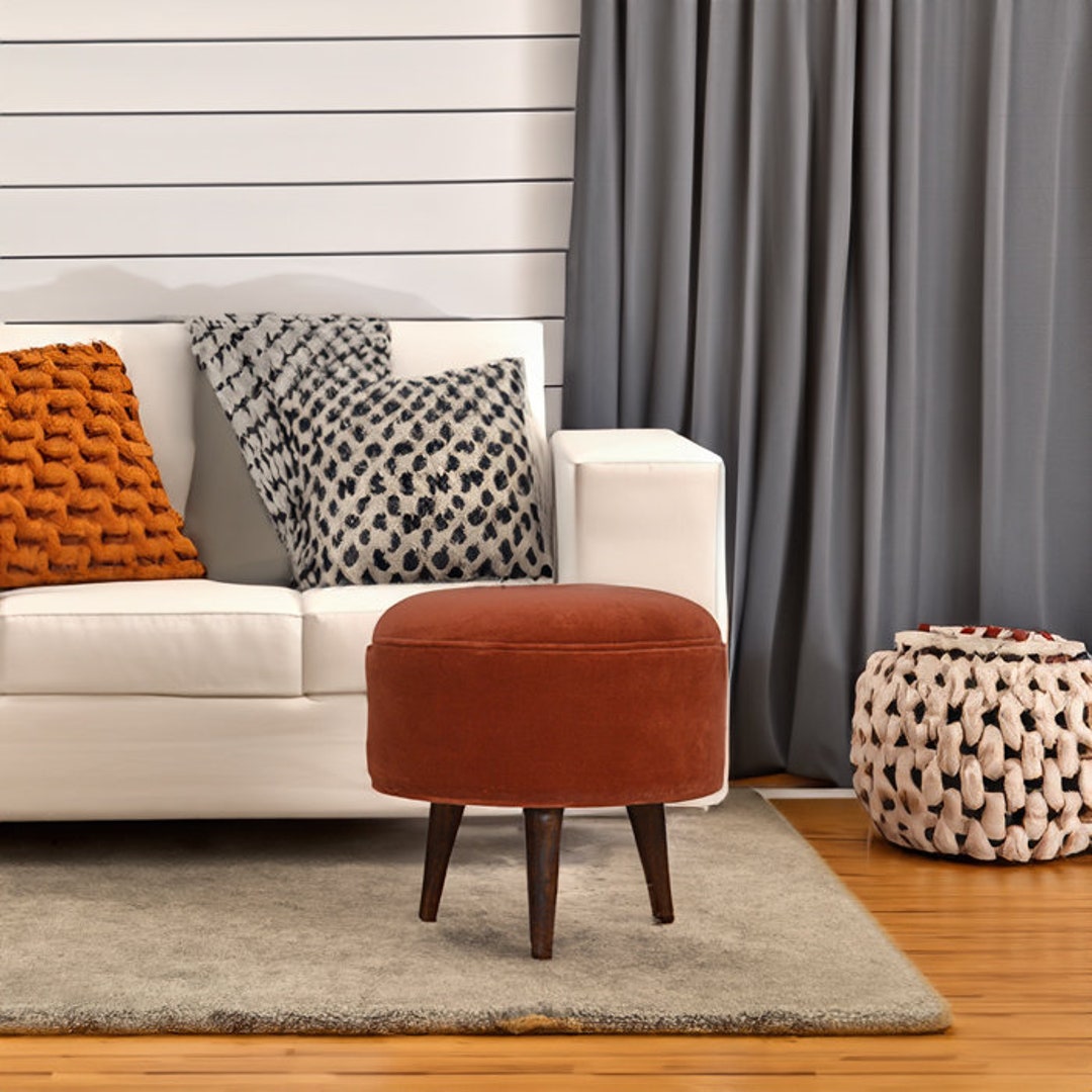 Red Velvet Solid Wood Footstool in Walnut Finish With Luxurious ...