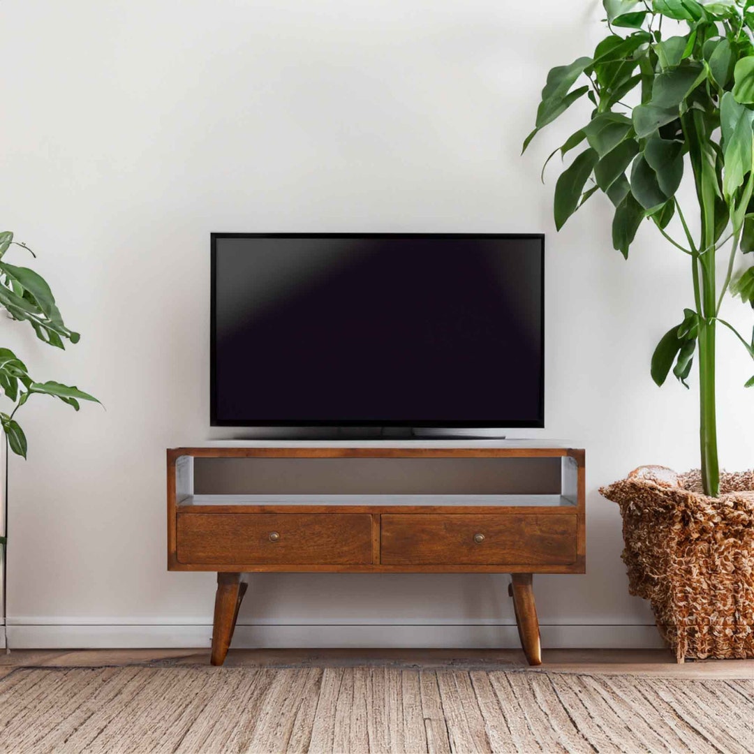 Curved Sustainable Media Unit Solid Wood in Chestnut Finish - Etsy UK