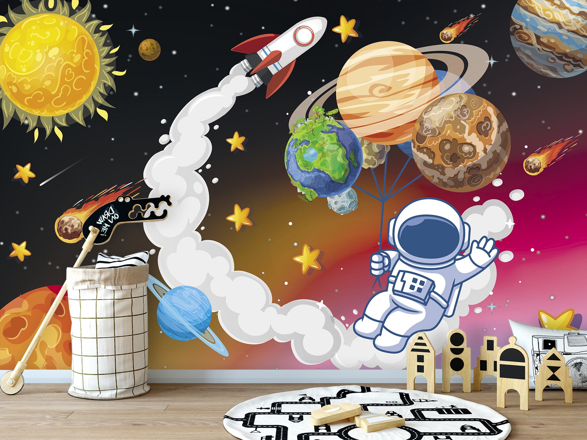 Spaceman in Outer Space Wallpaper Kids Astronaut and Planets | Etsy