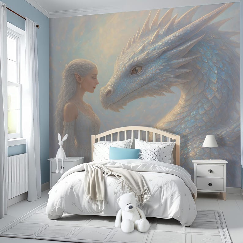 Fantasy Dragon Wallpaper - Peel and Stick Wall Mural With Elf and Ice ...