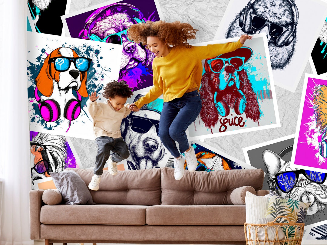 Dog Wallpaper Peel and Stick Playroom, Pets Bedroom Pattern Colorful ...