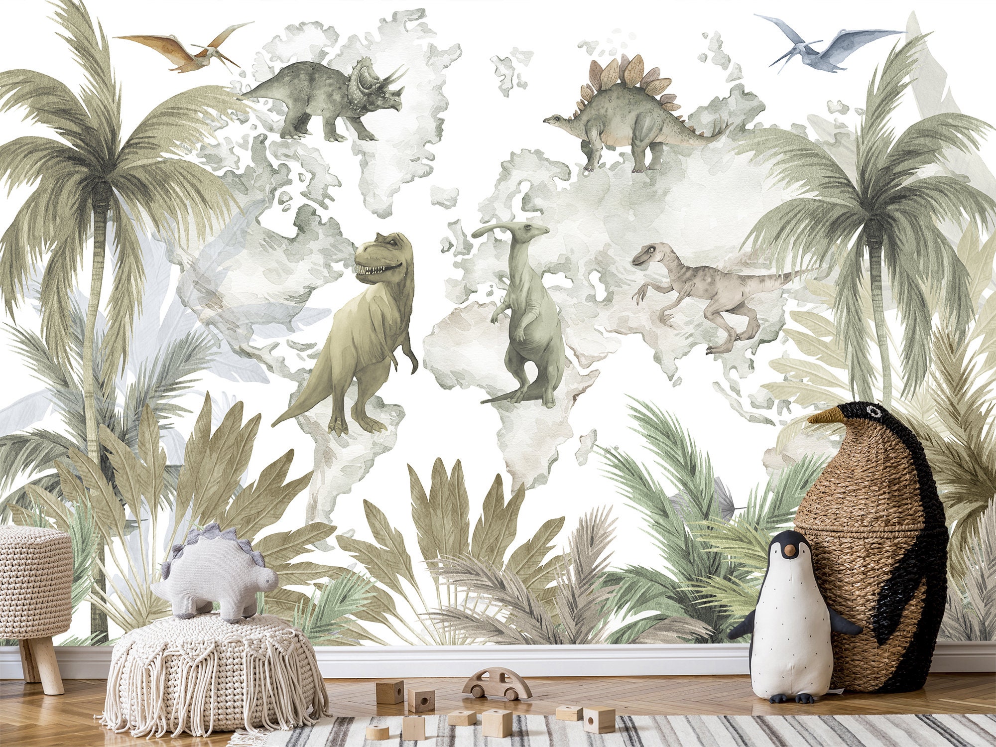 Dinosaurs World Map Wallpaper for Boy Nursery Removable | Etsy