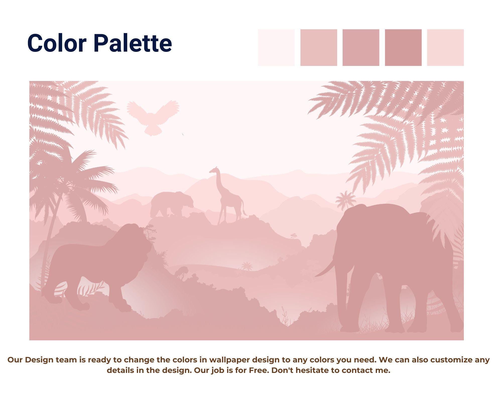 Pink Safari Animals Wallpaper Nursery / Tropical Leaves Mural Adhesive ...