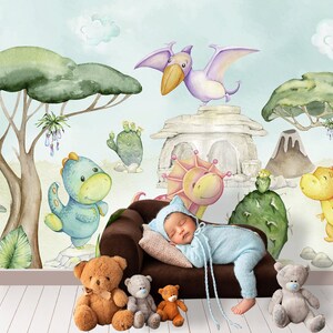 Dinosaur Wallpaper for Baby Nursery Removable / Triceraptors Wall Mural ...