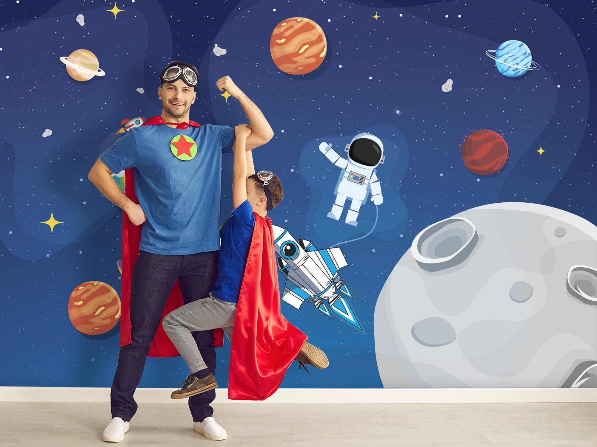 Spaceman Wallpaper for Toddler Boy Nursery Removable. Cosmic Room Wall ...