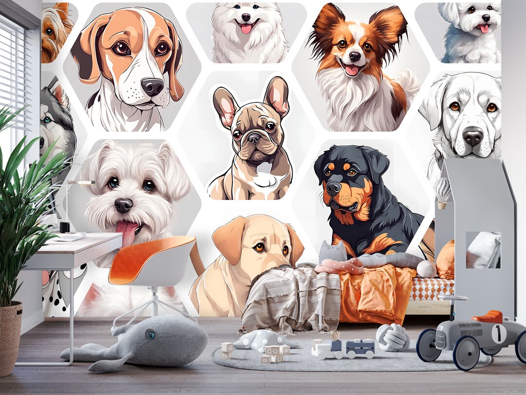 Dog Wallpaper Peel and Stick Nursery, Pets Bedroom Pattern, Colorful ...