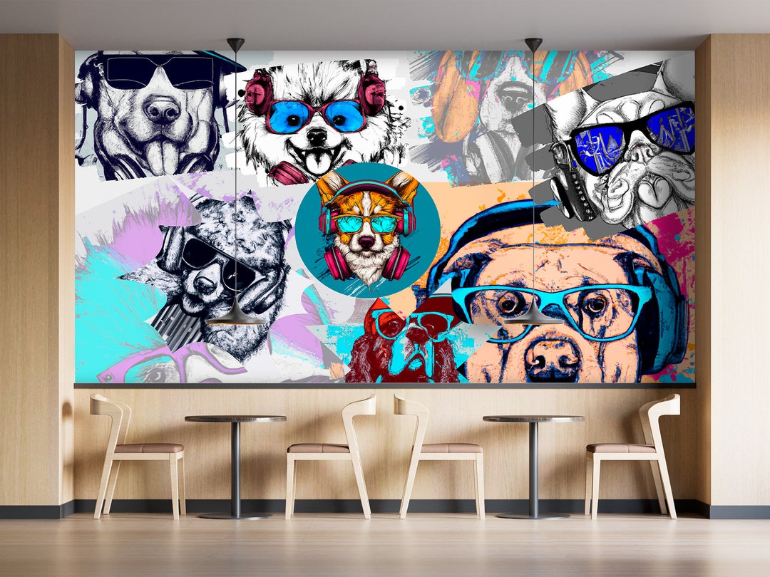 Dog Wallpaper Peel and Stick Cafe, Pets Bedroom Pattern Colorful ...