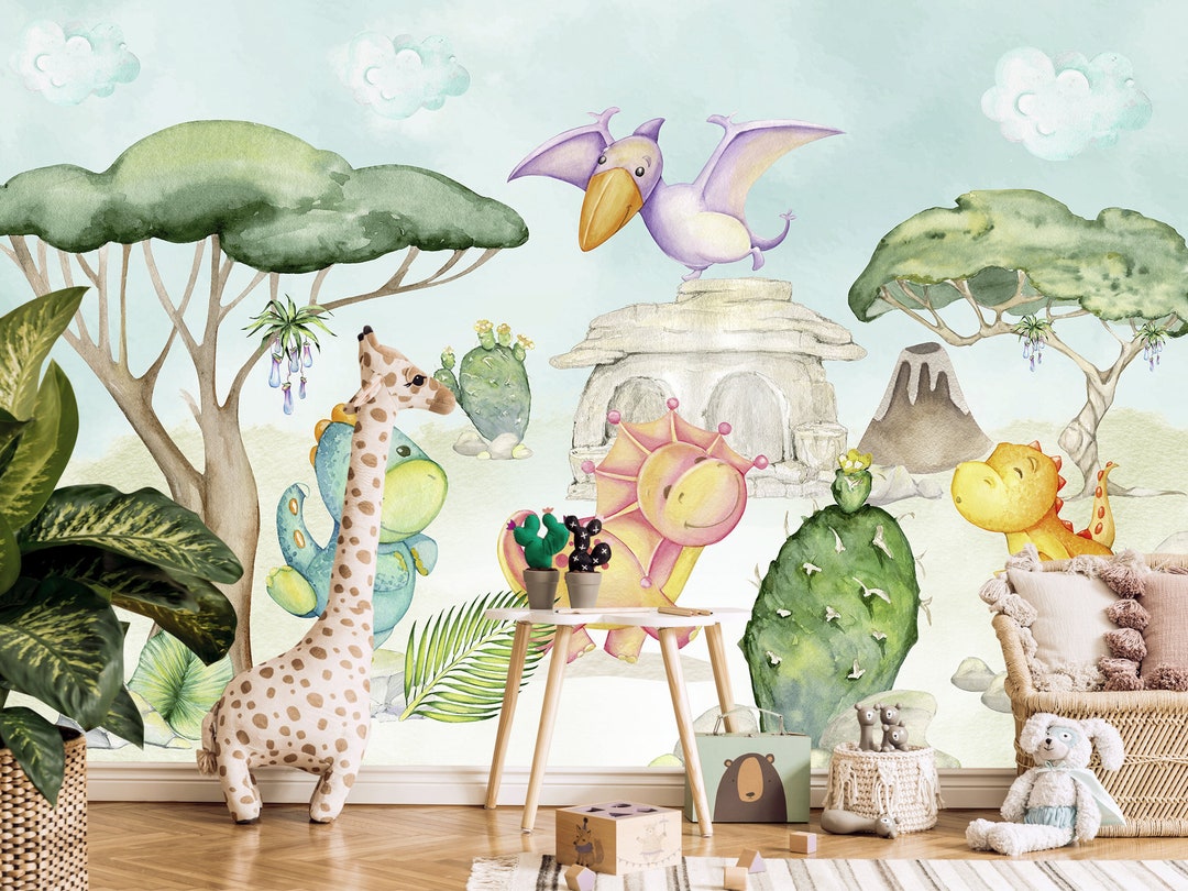 Dinosaur Wallpaper for Baby Nursery Removable / Triceraptors Wall Mural ...