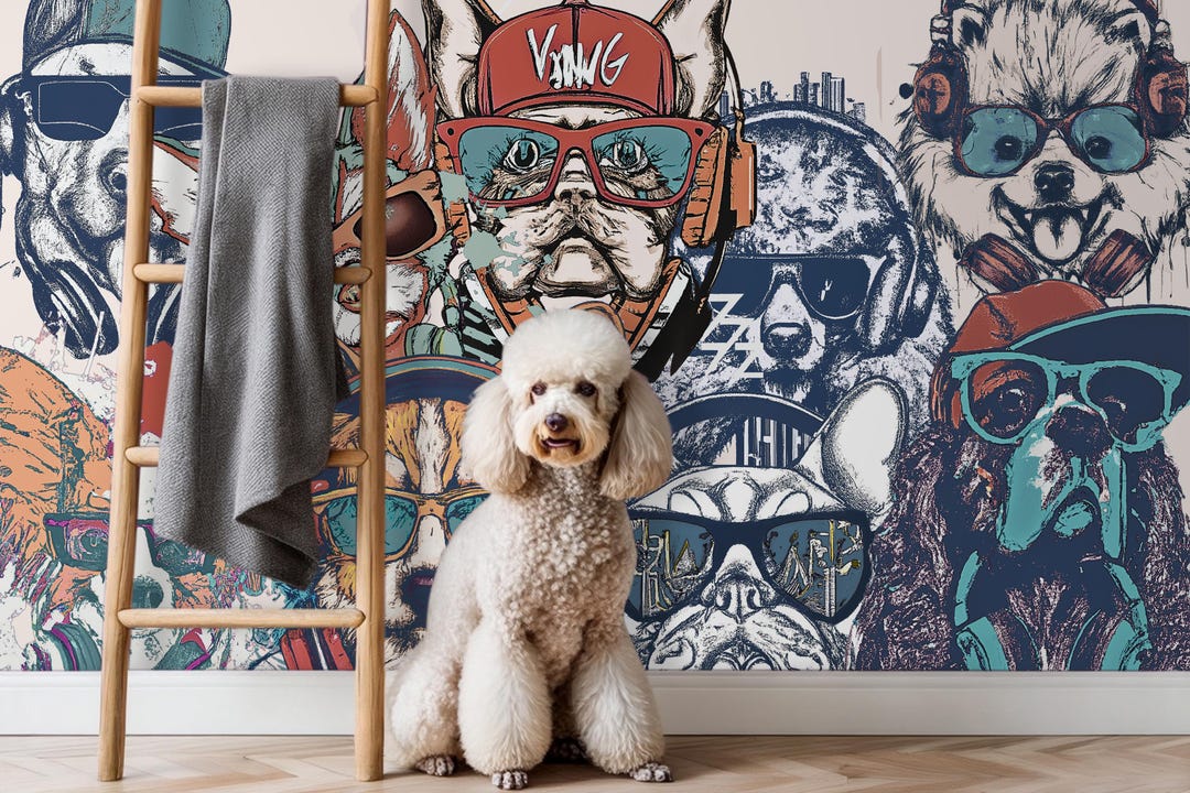 Stylish Doggo Wallpaper Mural Peel and Stick, Retro Woof Wear Wall ...