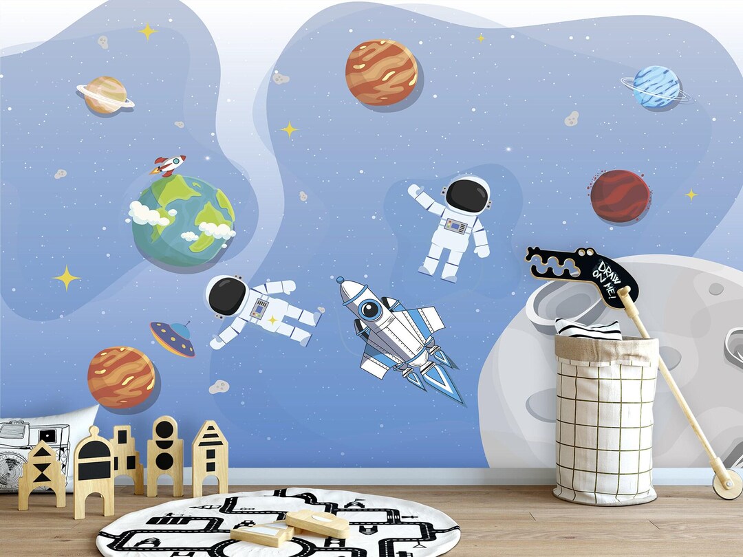 Spaceman Wallpaper Peel and Stick Nursery Boy, Outer Space Wall Paper ...