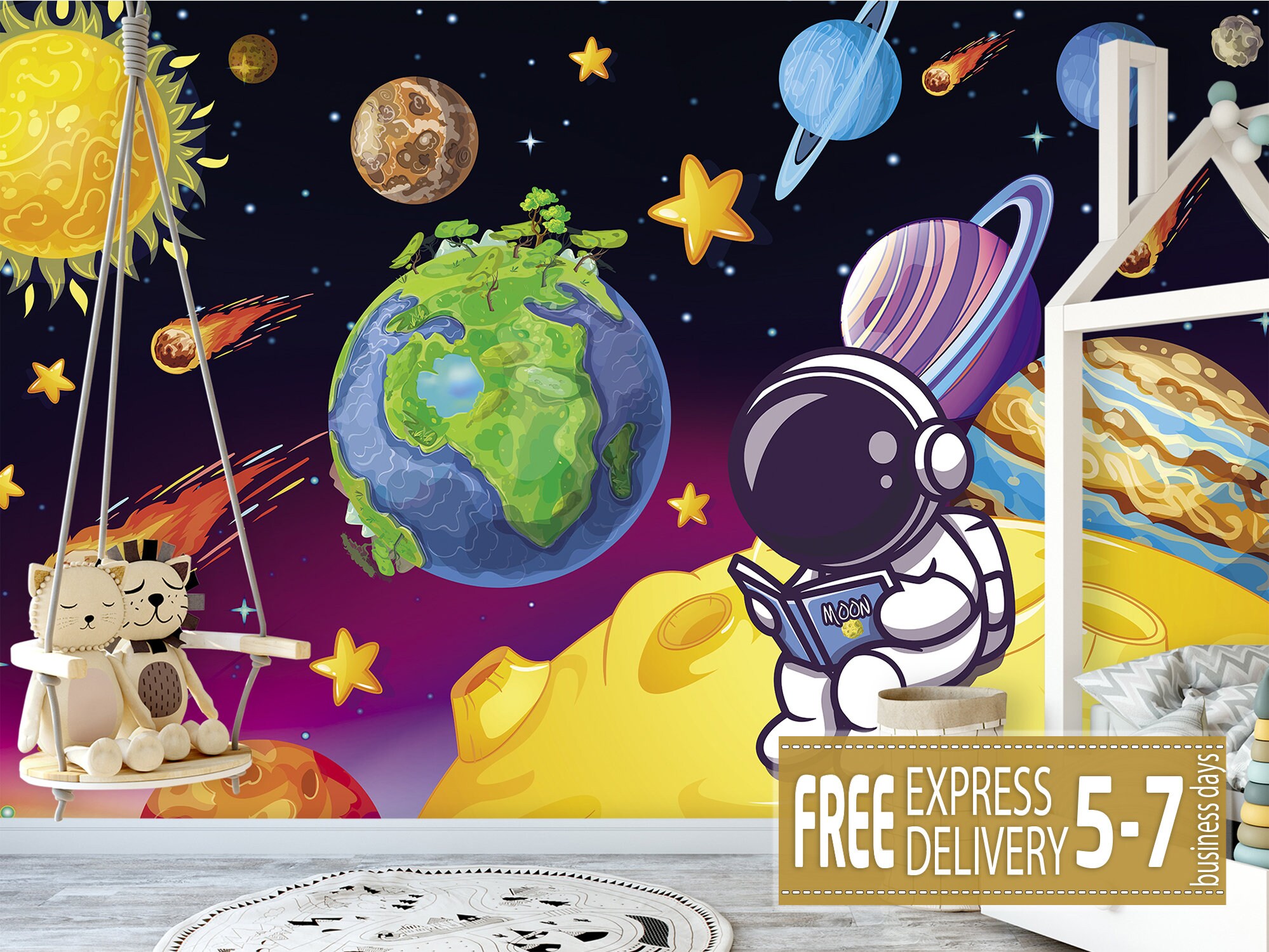 Solar System Wallpaper for Kids Bedroom Astronaut and Planets | Etsy