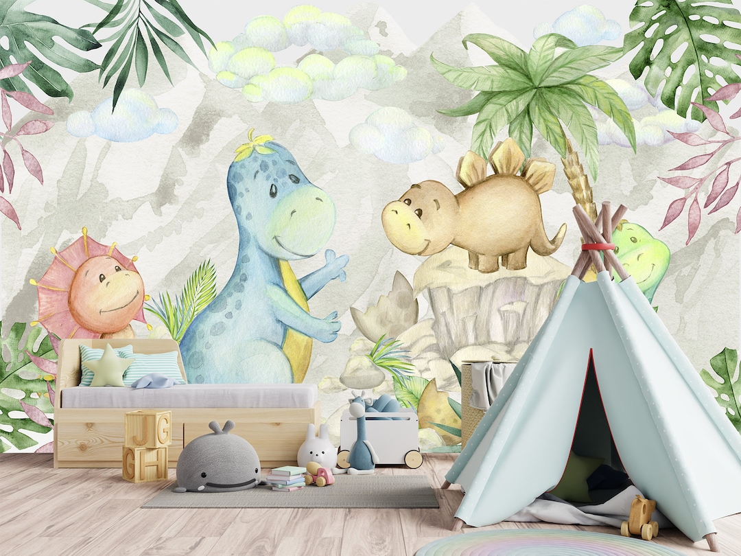 Dinosaur Wallpaper Peel and Stick Baby Nursery, Cute Dinosaur Wall ...
