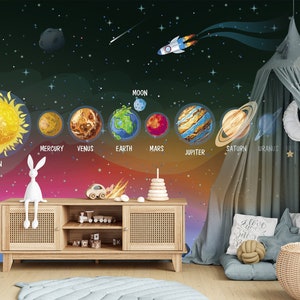 Solar System Wallpaper Peel and Stick Kids Classroom Decor, Planets ...