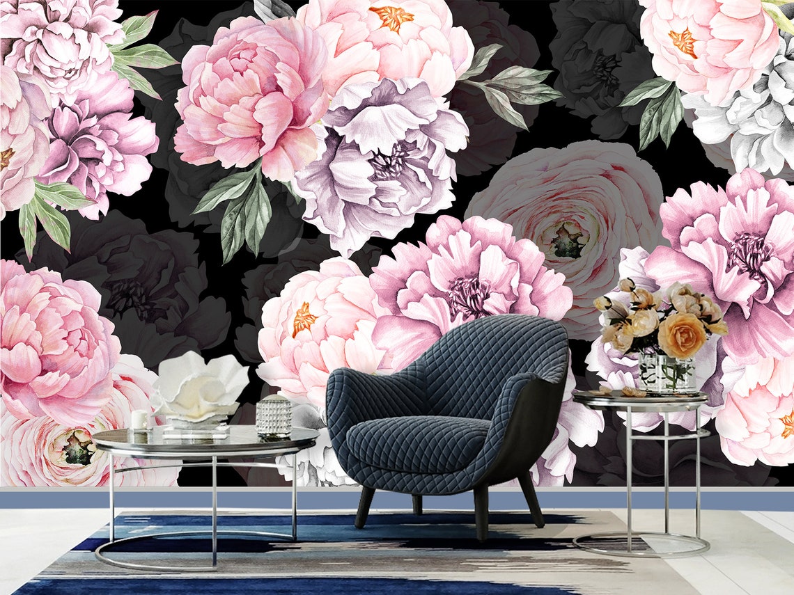 Dark Peony Flower Wallpaper Mural Watercolor Peonies Etsy
