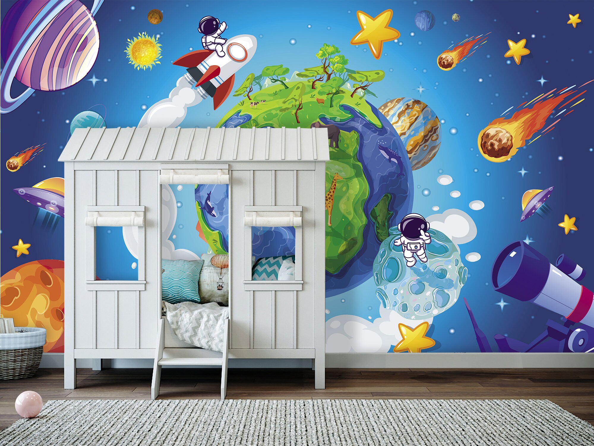 Planets Wallpaper Boys Room Removable Galaxy Wallpaper Peel | Etsy