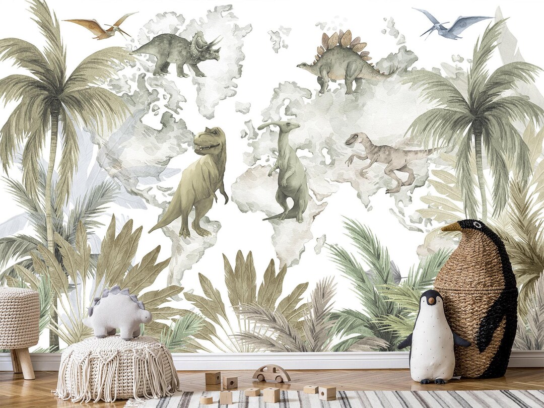 Dinosaurs World Map Wallpaper for Boy Nursery Removable, Jurassic World ...