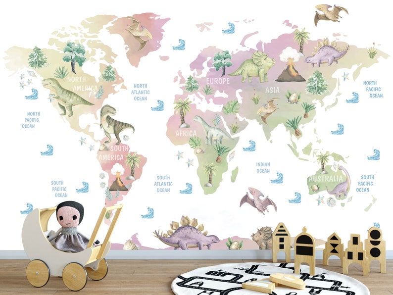 Watercolor Dinosaur World Map Wallpaper for Girl Nursery - Etsy