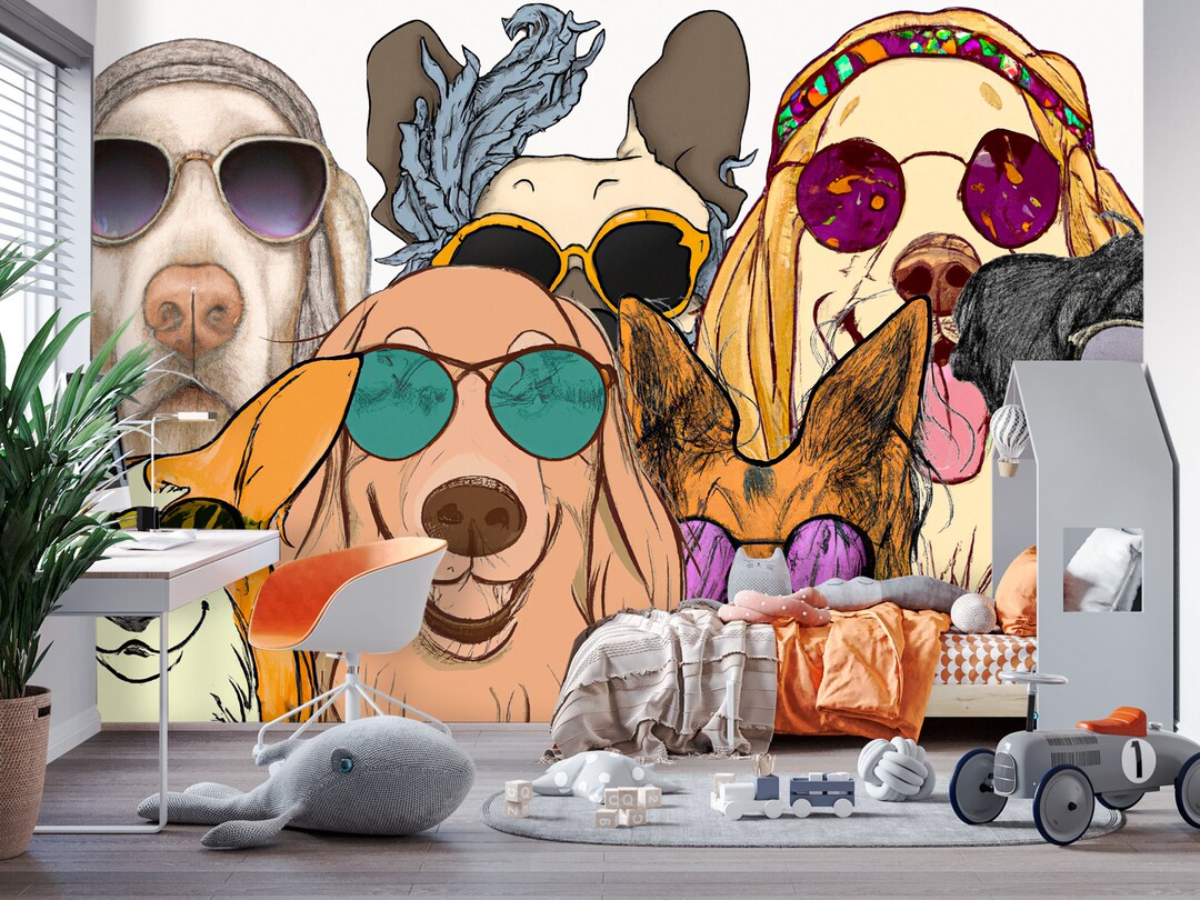 Dog Wallpaper Mural Peel and Stick, Pets Bedroom Pattern Colorful ...